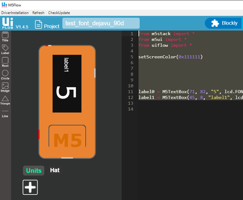 M5Stick C, label with font DejaVuSans72 and rotation 90 you can't see ...